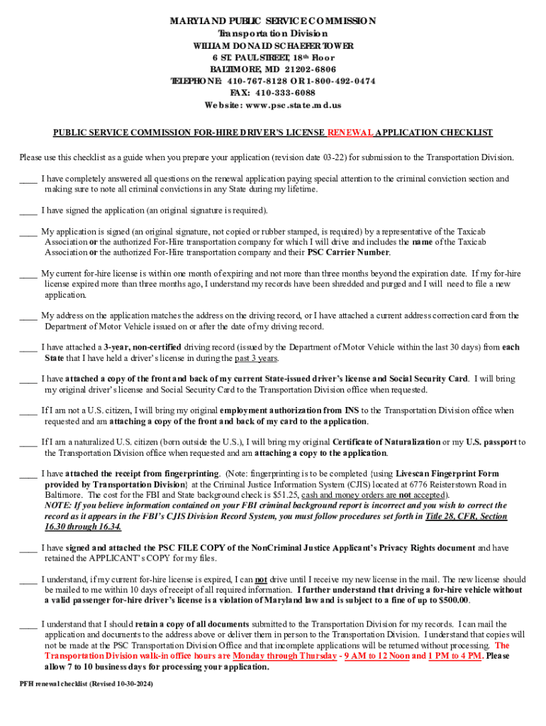 Fillable Online Maryland Public Service Commission for-hire Driver's License Renewal Application ...