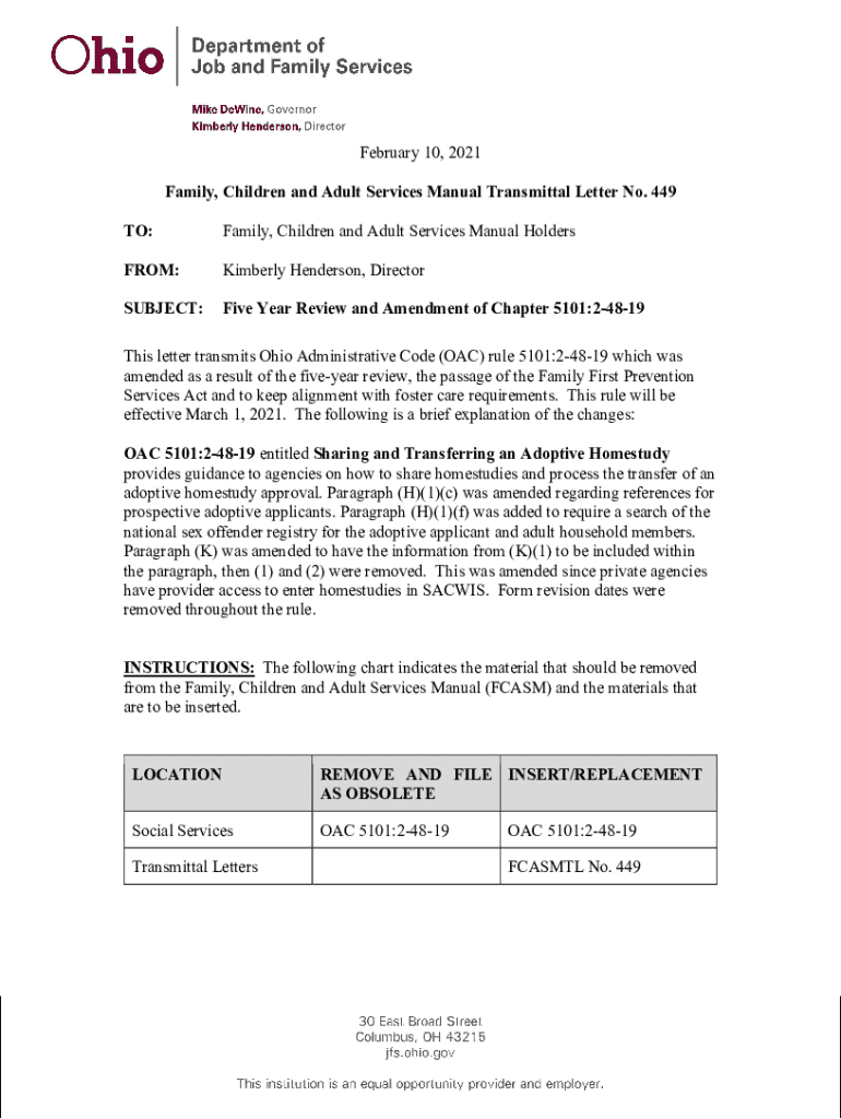 Fillable Online Five Year Review and Amendment of Chapter 5101:2-48-19 ...