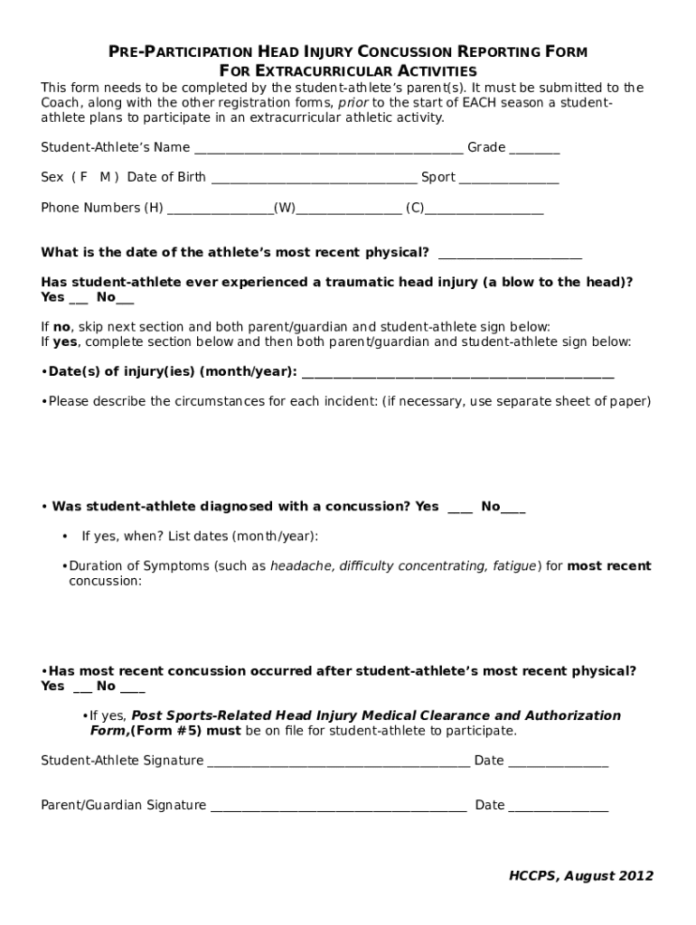 Fillable Online Concussion Reporting Form for Extracurricular ...