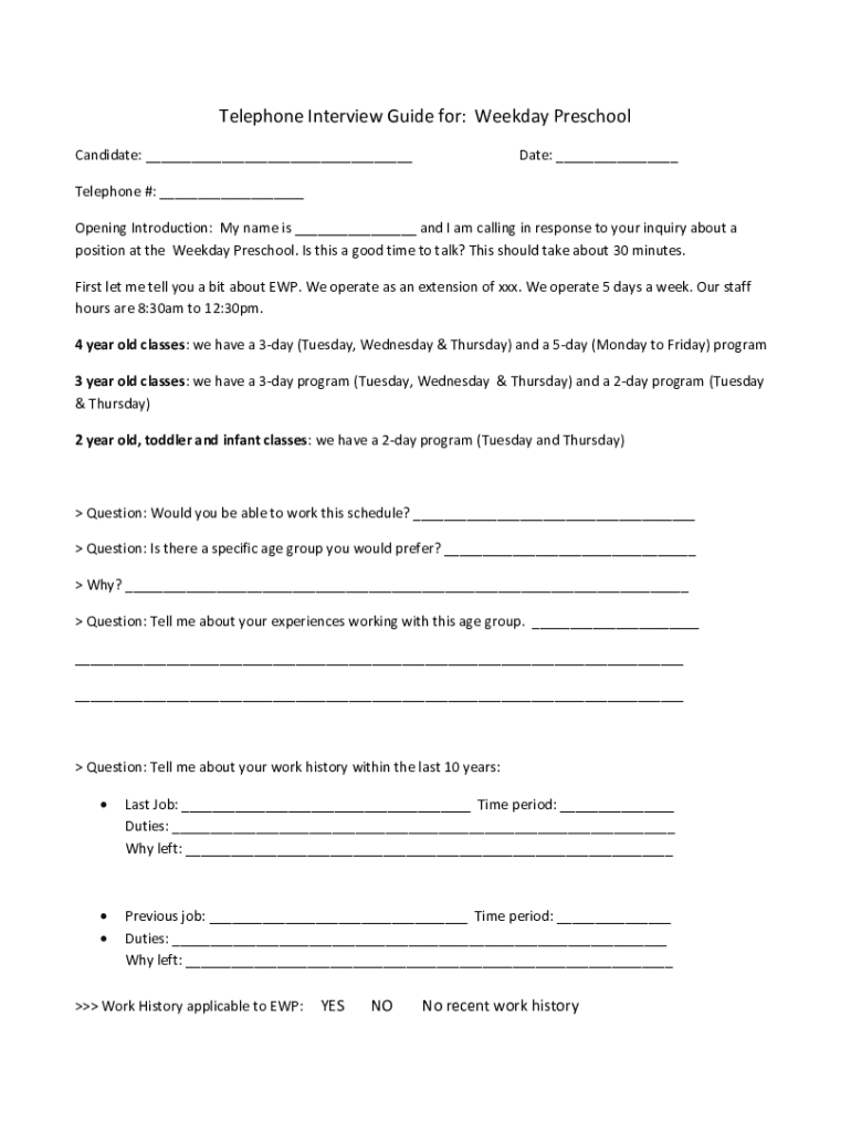 Fillable Online Telephone Interview Guide - Weekday Preschool Fax Email ...