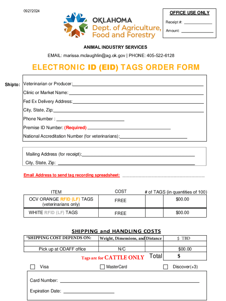 Fillable Online Electronic Id Tags Order Form for Animal Industry ...