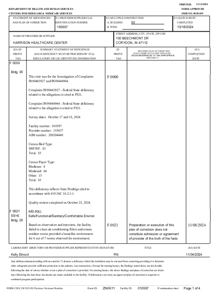 Fillable Online Statement of Deficiencies for Harrison Healthcare ...