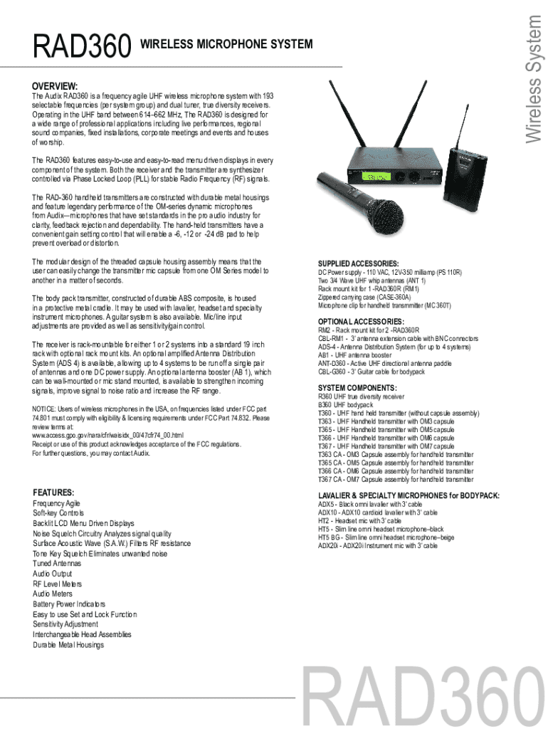 Fillable Online Audix RAD-360 System with OM5 Dynamic Handheld ... Fax ...