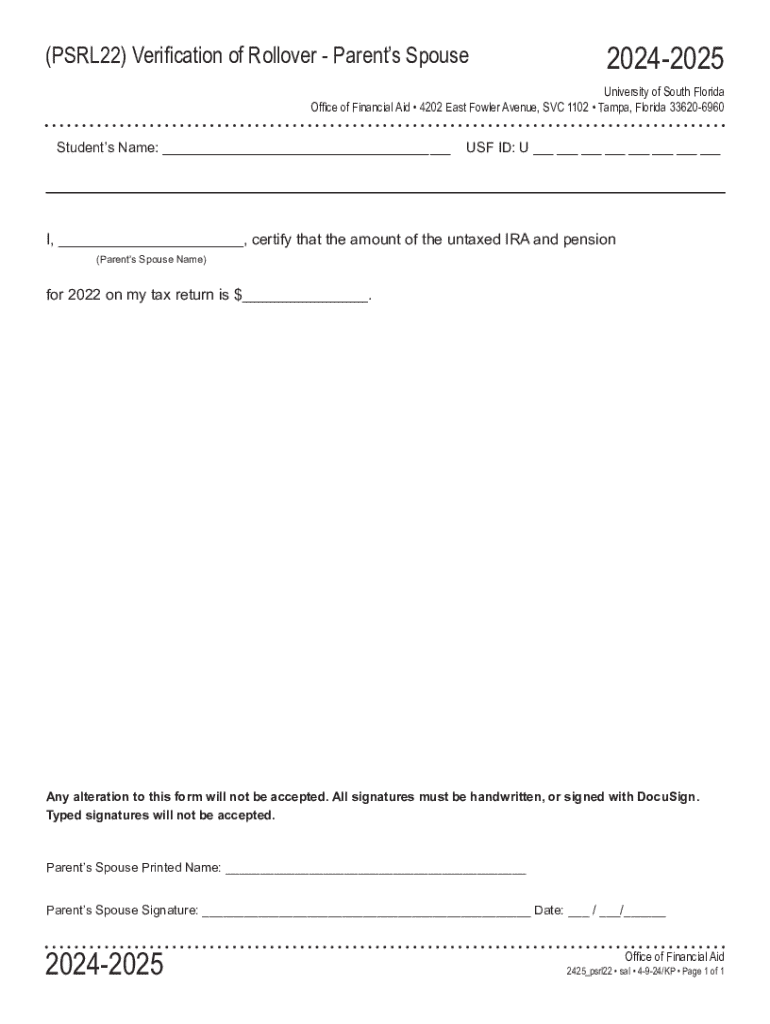Fillable Online Verification of Rollover - Parent’s Spouse Fax Email Print - pdfFiller