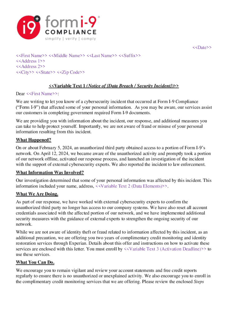 Fillable Online Variable Text 1 (Notice of Data Breach / Security ...