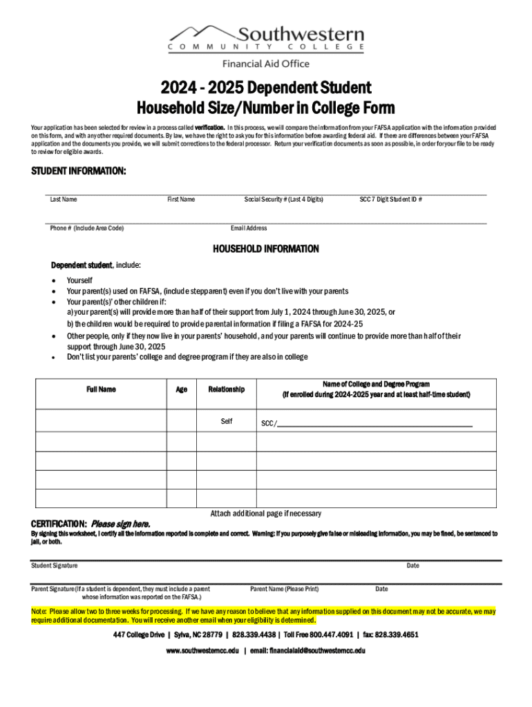 Fillable Online 20242025 Standard Dependent Verification Worksheet Fax Email Print - pdfFiller