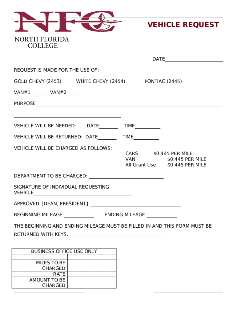 Vehicle Use Request Doc Template | pdfFiller
