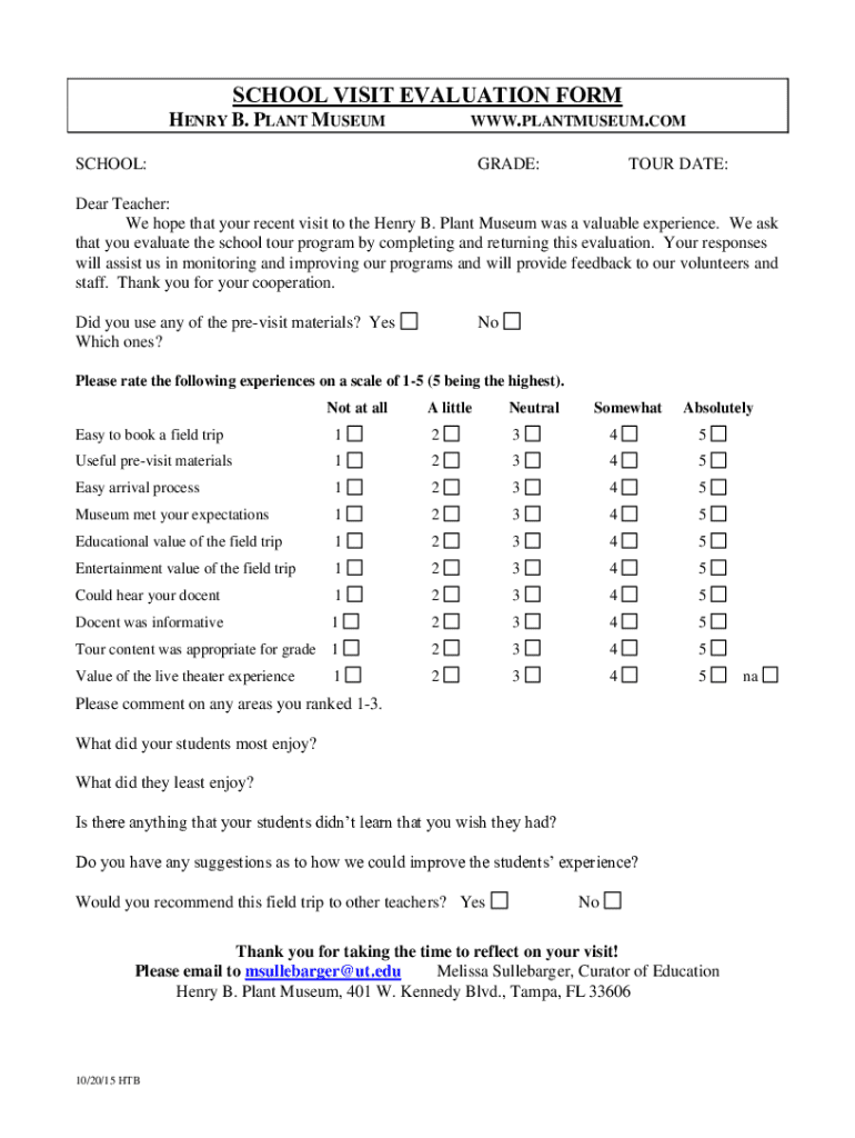 Fillable Online school visit evaluation form - henry b. plant museum ...