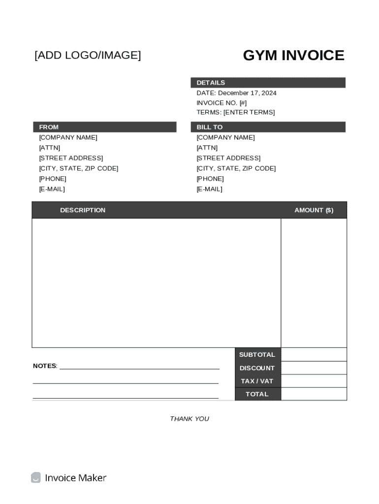 Gym Invoice Template - Blank Fillable Template | Fill Out, Print ...