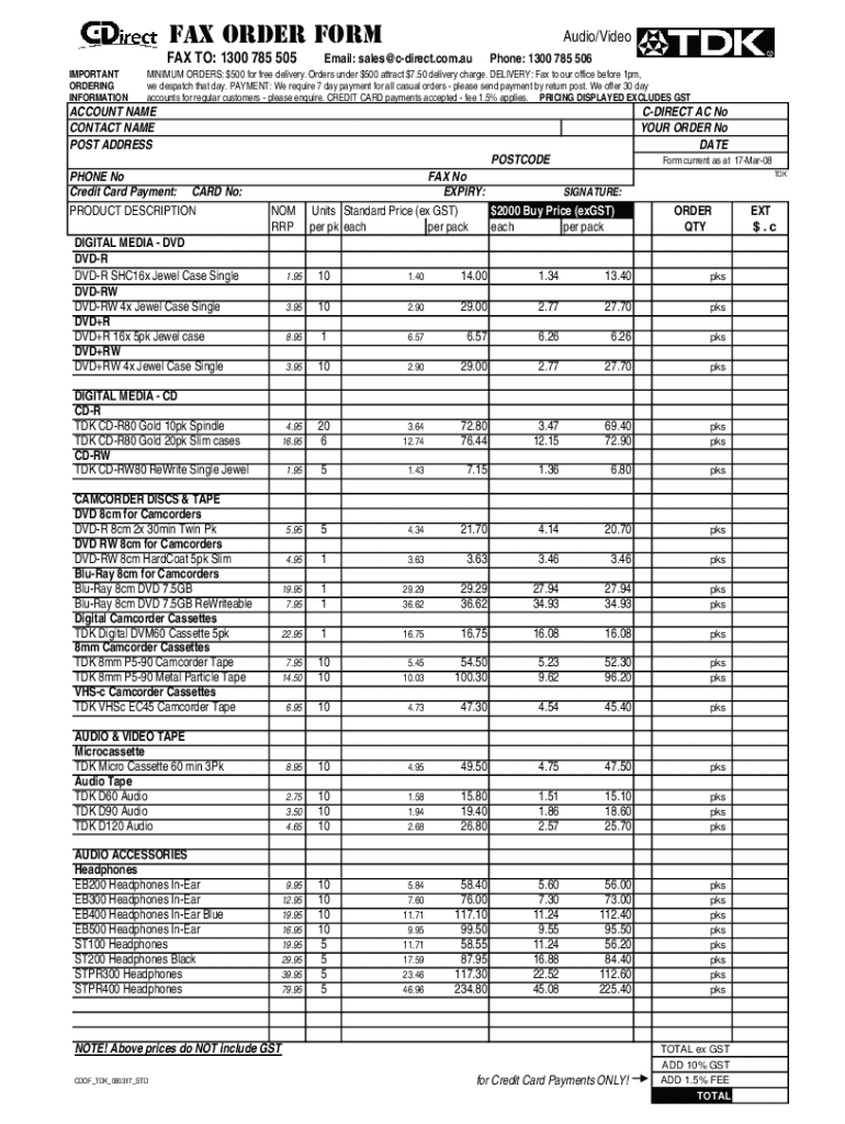 Fillable Online Order Form for Audio/video Products Fax Email Print - pdfFiller