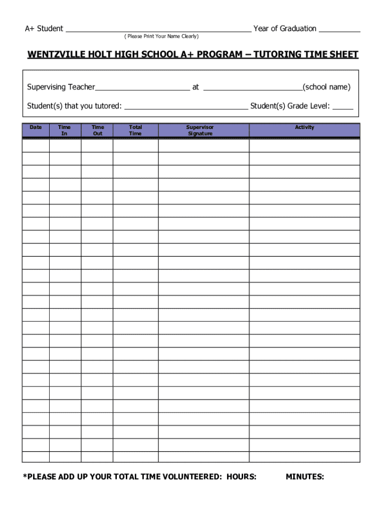Fillable Online WENTZVILLE HOLT HIGH SCHOOL A+ PROGRAMTUTOR/MENTOR TIME ...