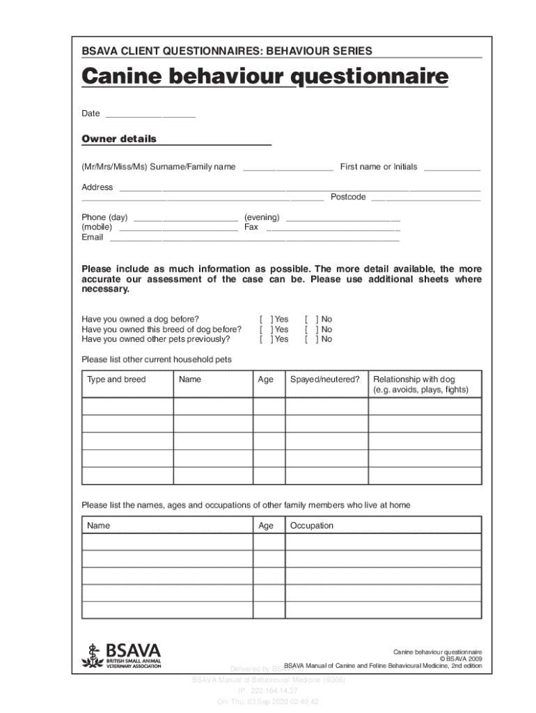 Fillable Online Bsava Client Questionnaires: Behaviour Series Fax Email ...