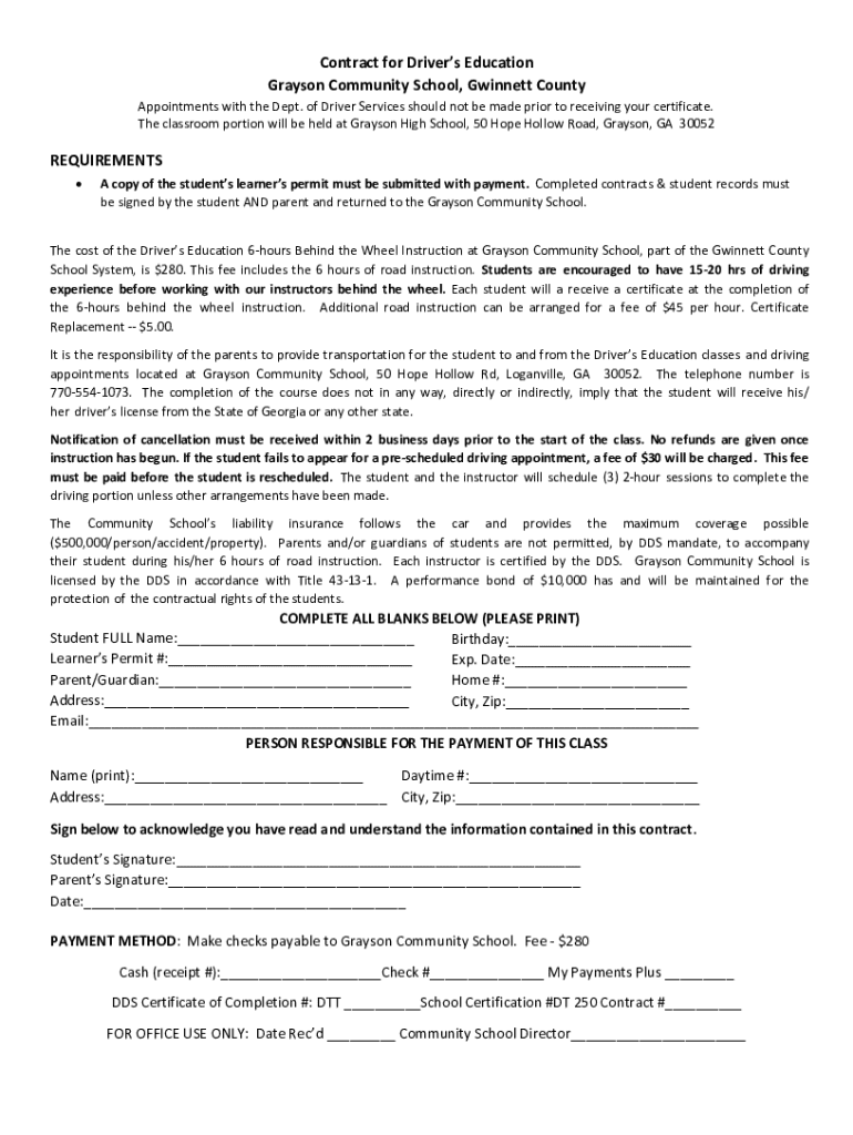 Fillable Online Contract for Driver\'s Education Grayson Community ...