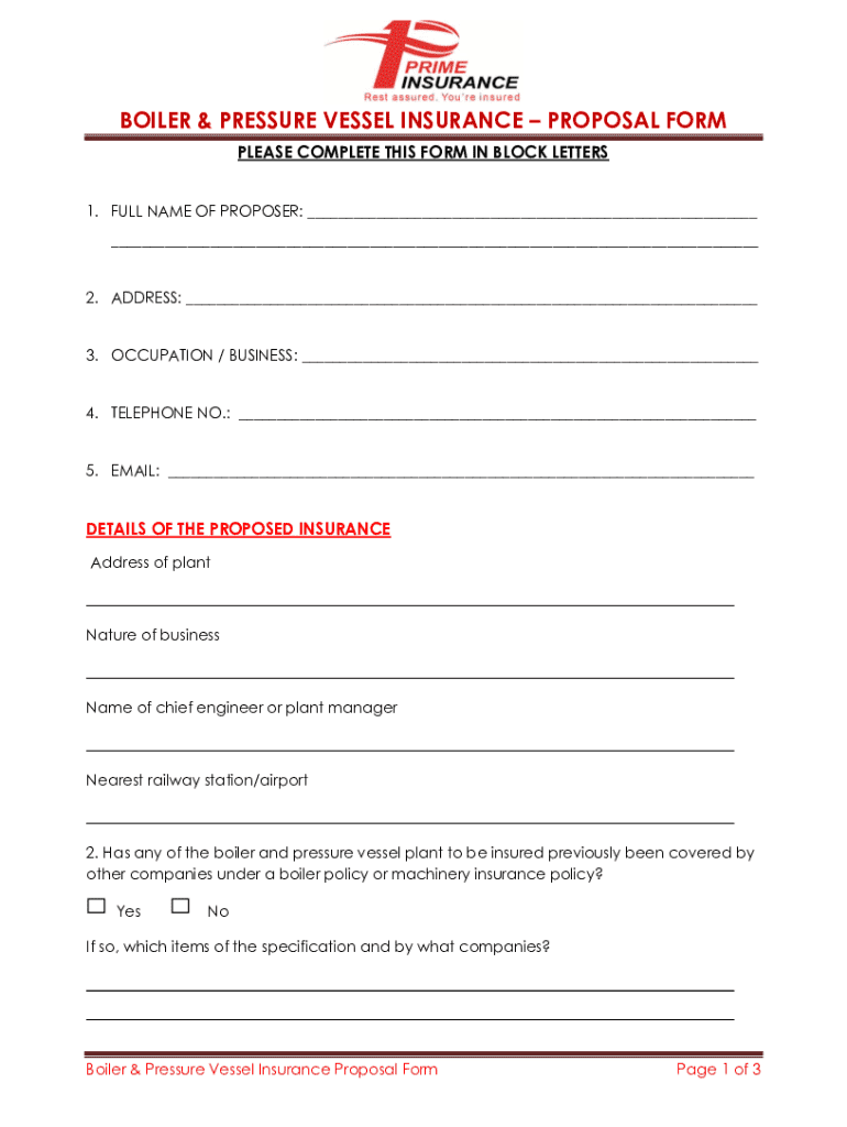 Fillable Online Boiler and Pressure Plant Insurance Proposal Form Fax ...