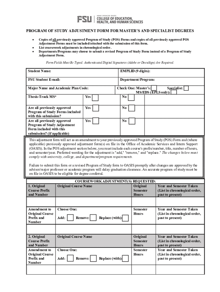 Fillable Online PROGRAM OF STUDY ADJUSTMENT FORM FOR ... Fax Email ...