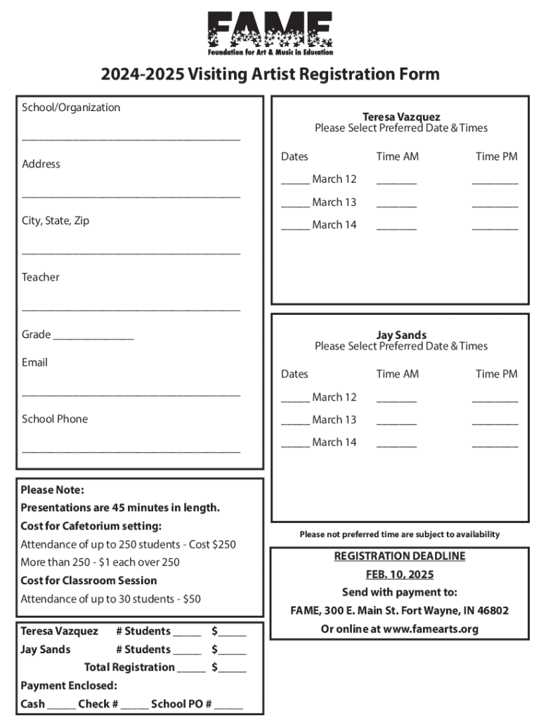 Fillable Online 2024-2025 Visiting Artist Registration Fax Email Print ...