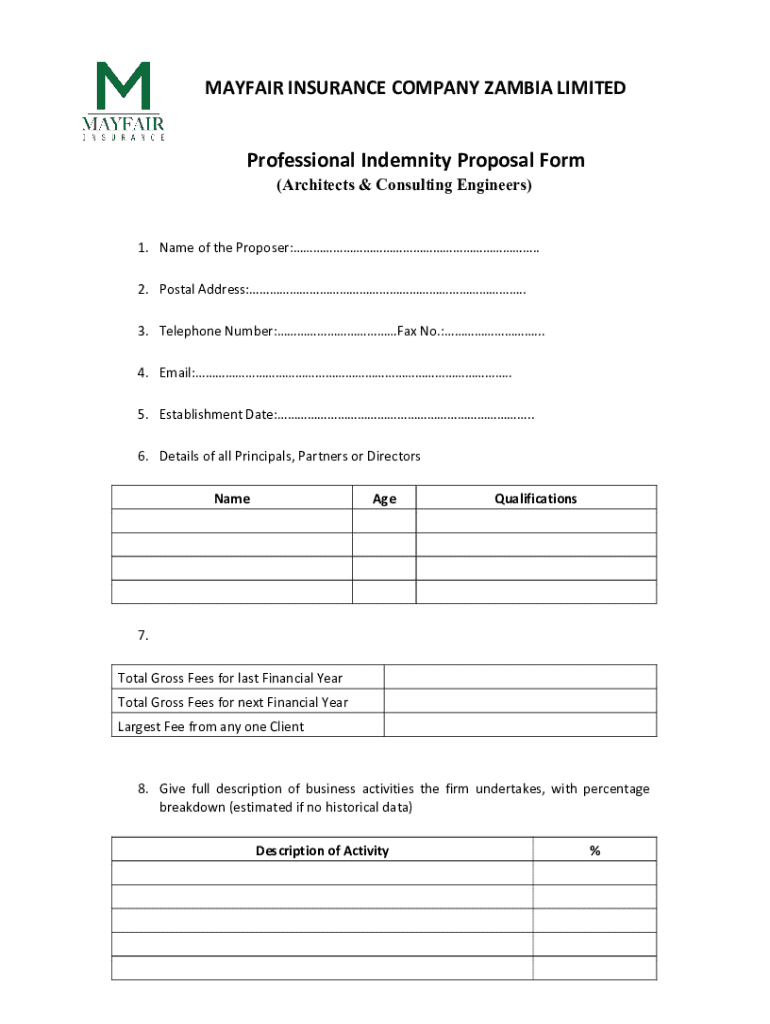 Fillable Online Professional Indemnity Proposal Form (architects ...