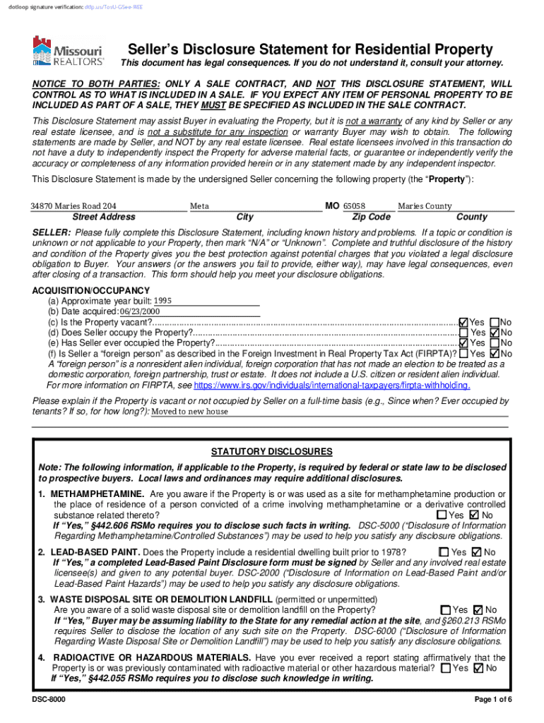 Fillable Online Seller’s Disclosure Statement for Residential Property ...