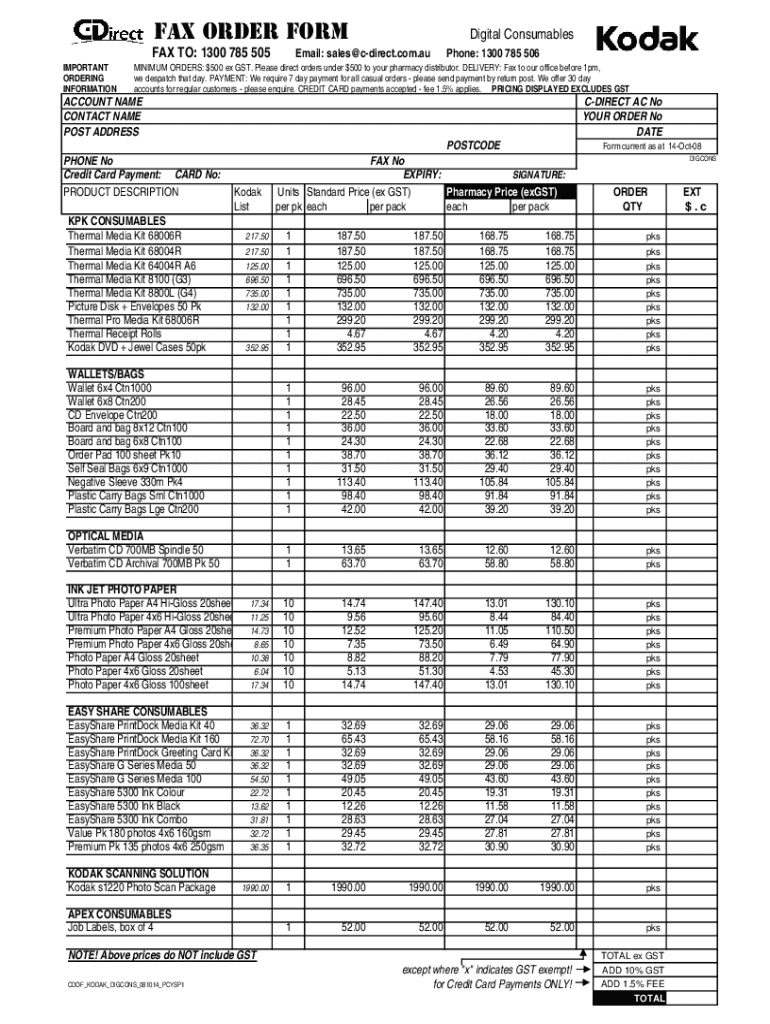 Fillable Online Digital Consumables Order Form Fax Email Print - pdfFiller