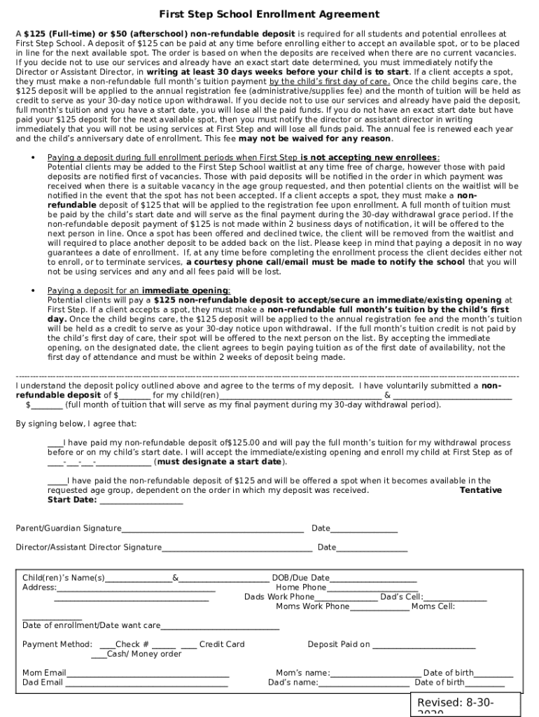First Step School Enrollment Agreement Doc Template | pdfFiller