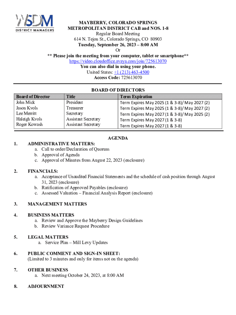 Fillable Online Mayberry Colorado Springs Metropolitan Districts 1-8 ...