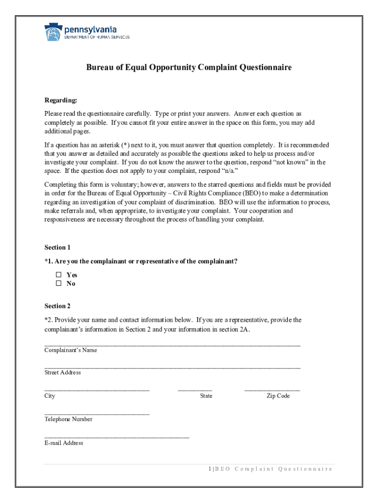 Fillable Online Bureau of Equal Opportunity Complaint Questionnaire Fax ...