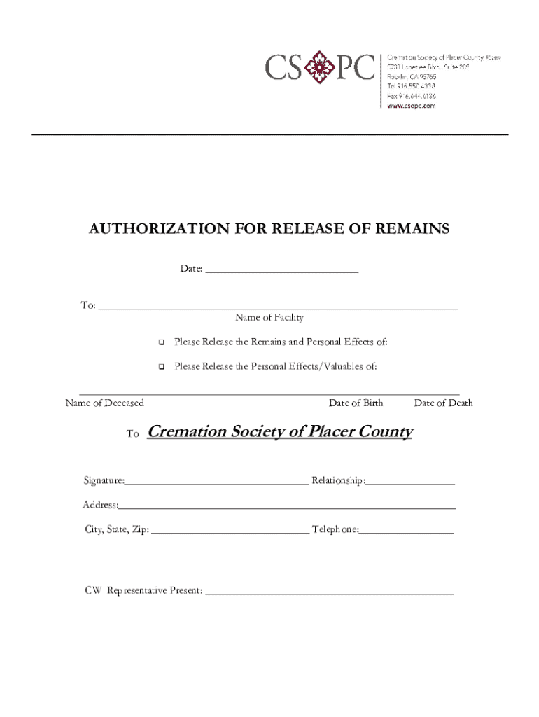 Fillable Online Updated Cremation Authorization Form Fax Email Print ...