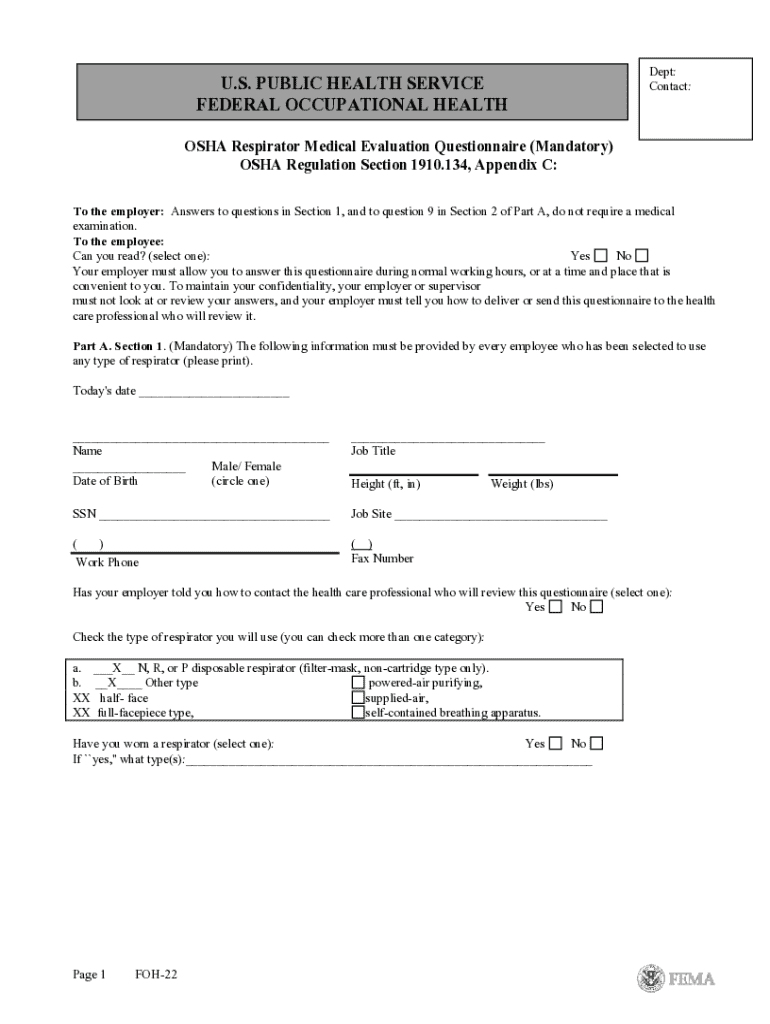 Fillable Online Osha Respirator Medical Evaluation Questionnaire ...