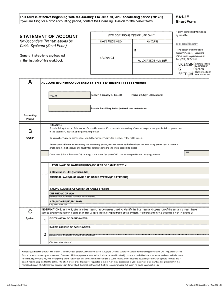 Fillable Online Statement of Account for Secondary Transmissions by ...