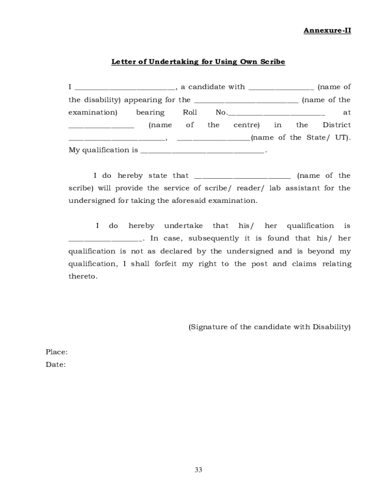 Fillable Online 33 Annexure-II Letter of Undertaking for Using Own Scribe I Fax Email Print ...