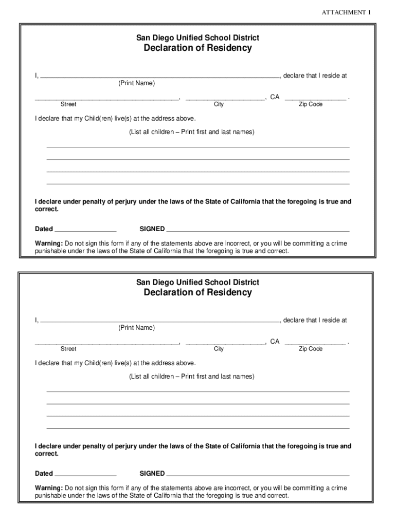Fillable Online San Diego Unified School District Declaration of Residency Fax Email Print ...