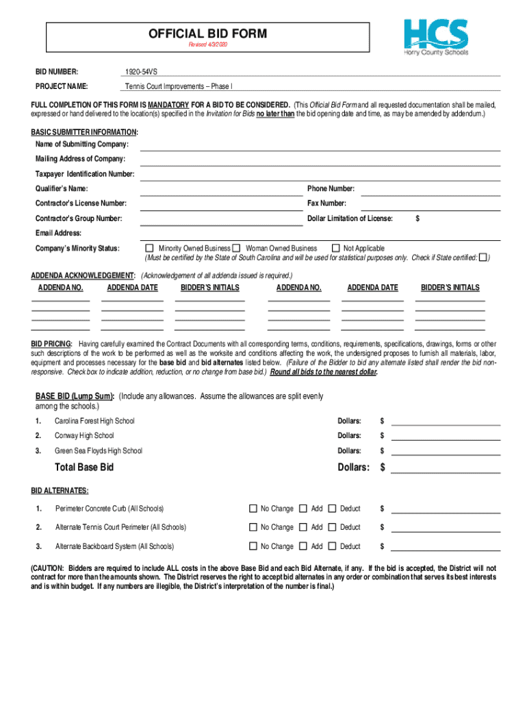 Fillable Online Tennis Court Improvements – Phase I Bid Form Fax Email ...
