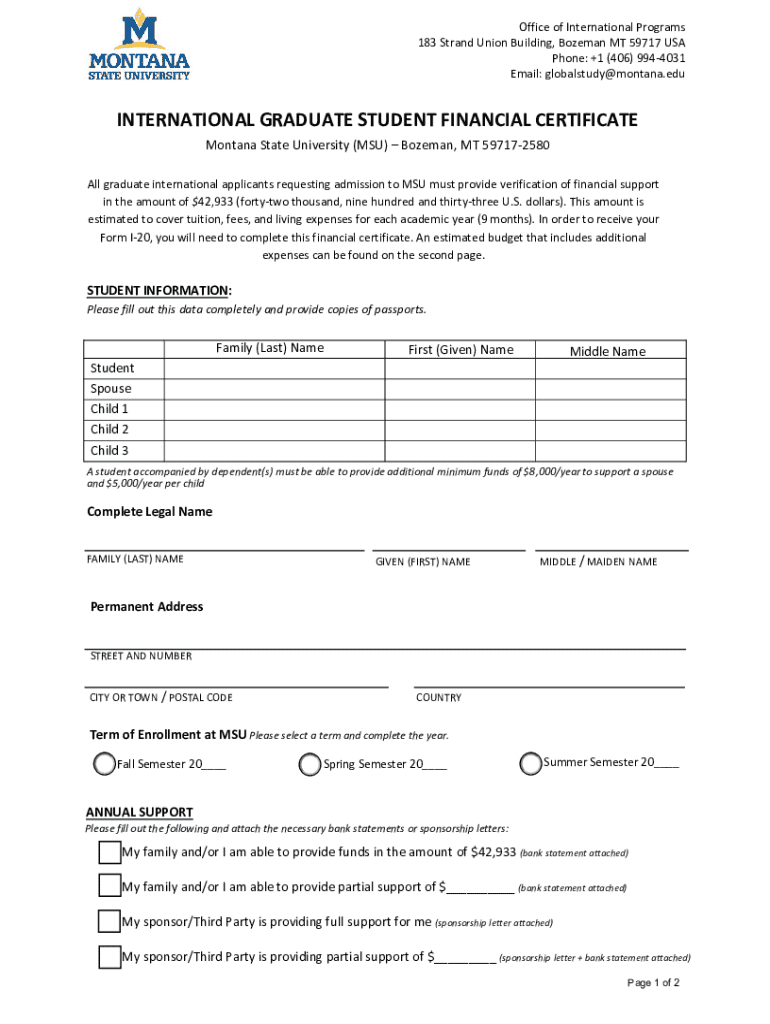 Fillable Online Financial Certification for International Graduate ...