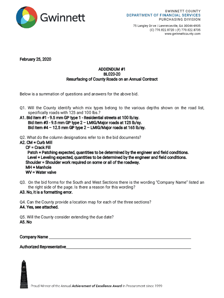 Fillable Online Bl020-20 Resurfacing of County Roads on an Annual ...