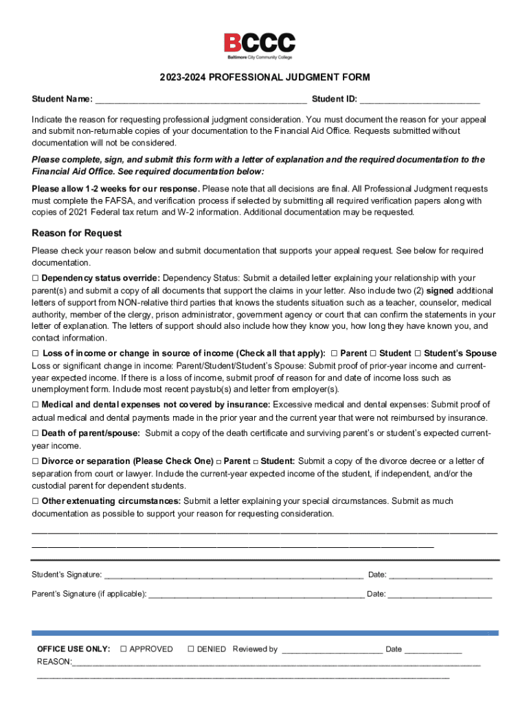 Fillable Online Professional Judgment Request for Financial Aid Fax ...