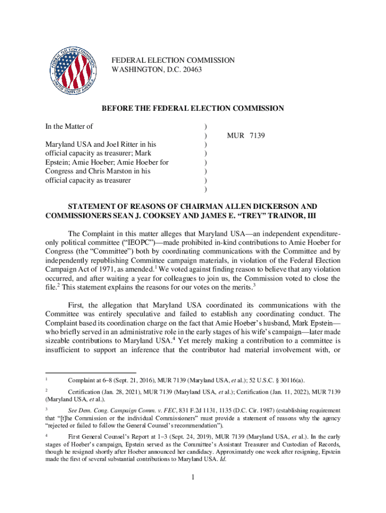 Fillable Online Statement of Reasons, MUR 7139 Fax Email Print - pdfFiller