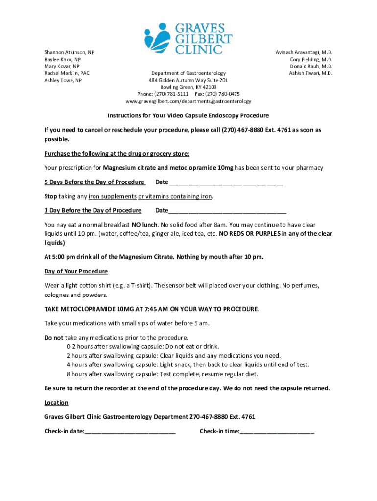 Fillable Online Instructions for Your Video Capsule Endoscopy Procedure ...