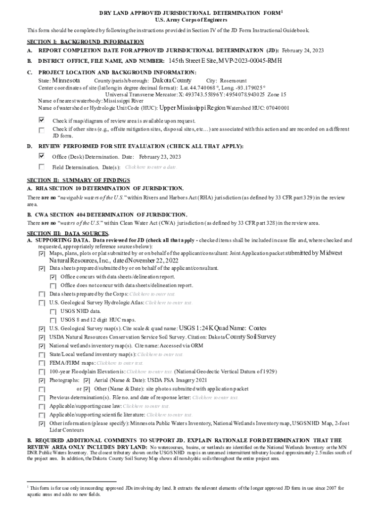 Fillable Online Rapanos Approved JD Form for Dry Land Determinations. 145th Street E Site, MVP ...