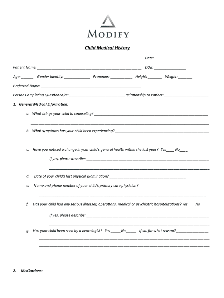 Fillable Online Child Medical History Questionnaire Fax Email Print ...