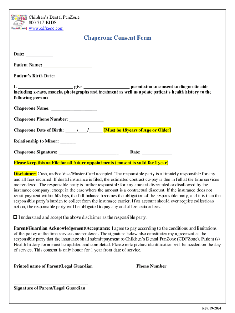 Fillable Online Children’s Dental Funzone Chaperone Consent Fax Email ...