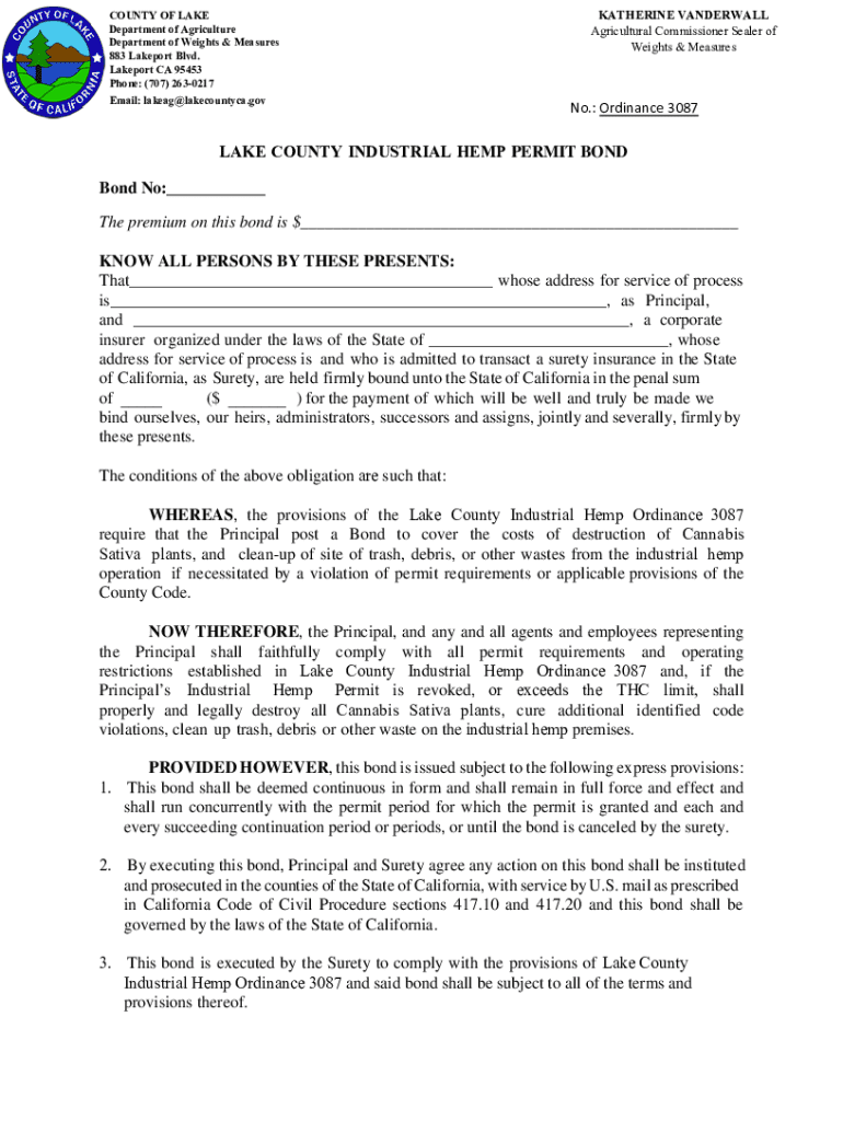 Fillable Online LAKE COUNTY INDUSTRIAL HEMP PERMIT BOND Bond No ... Fax ...