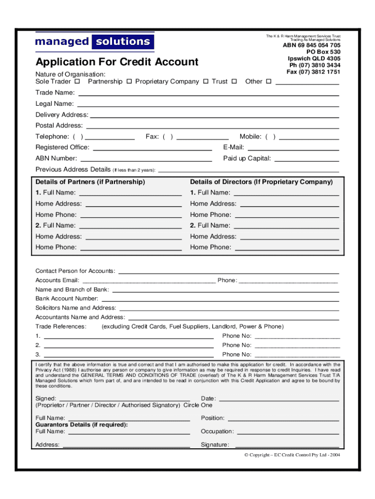 Fillable Online Application for Credit Account - K & R Harm Management ...