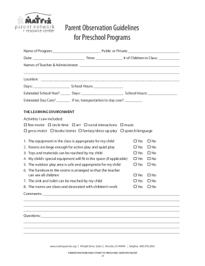 Fillable Online Parent Observation Guidelines for Preschool Programs ...