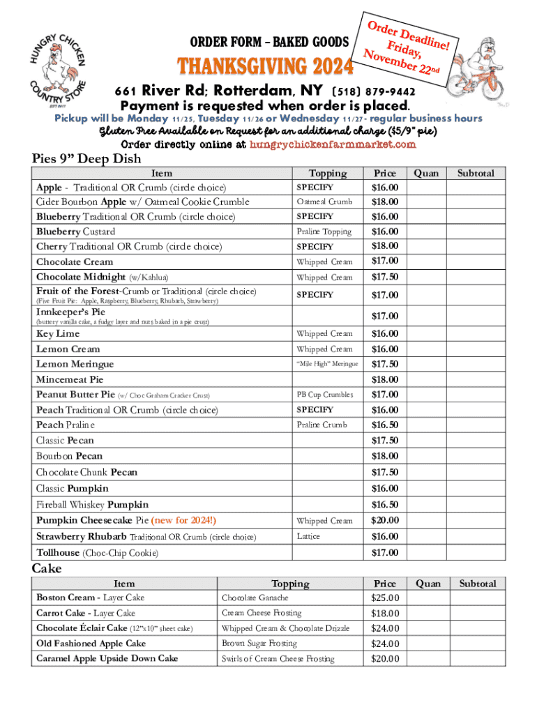 Fillable Online Thanksgiving 2024 Baked Goods Order Form Fax Email ...