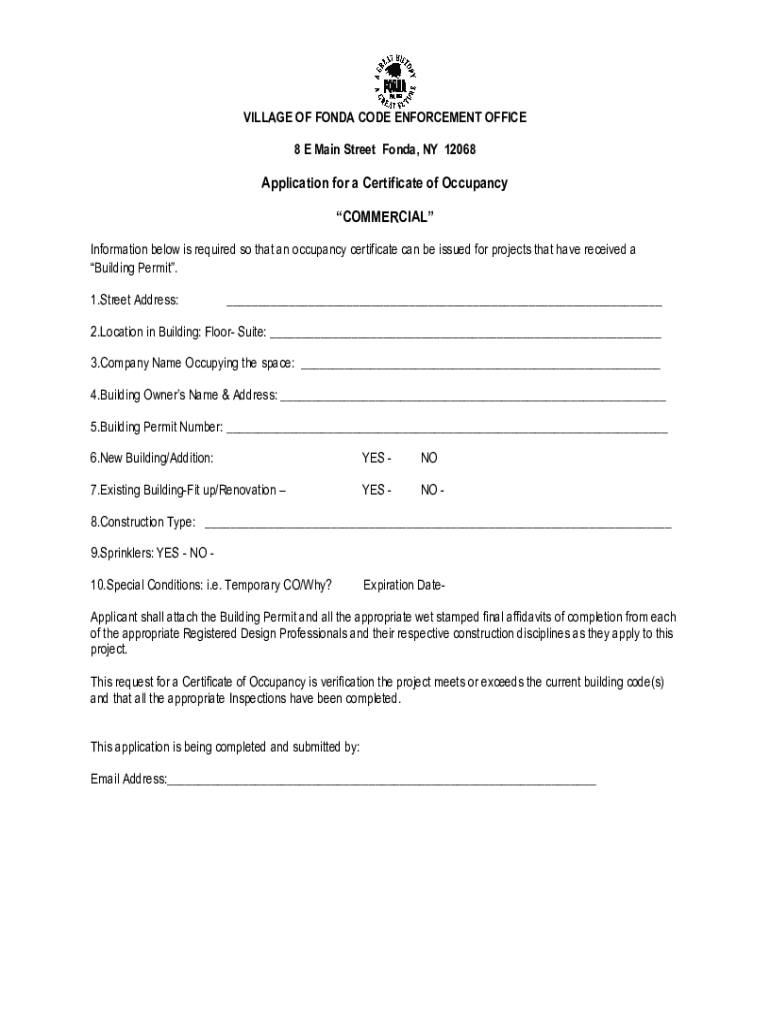 Fillable Online Certificate of Occupancy Application - Commercial Fax ...