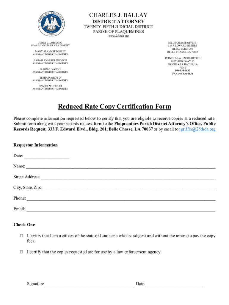 Fillable Online Reduced Rate Copy Certification Fax Email Print - pdfFiller