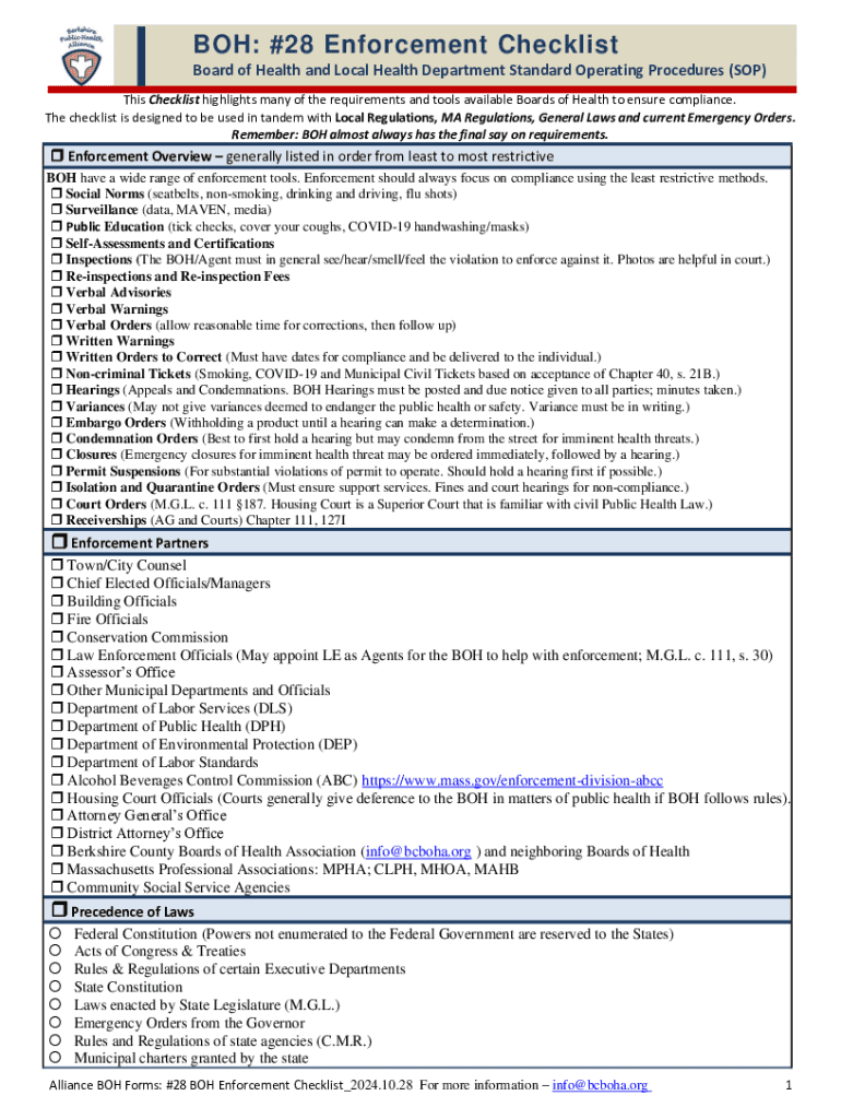 Fillable Online Board of Health Enforcement Checklist Fax Email Print - pdfFiller