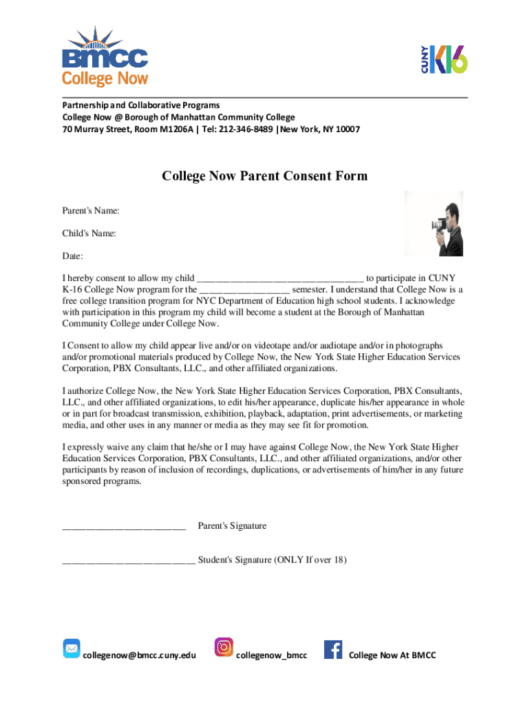 Fillable Online Consent for Participation in College Now Program Fax ...
