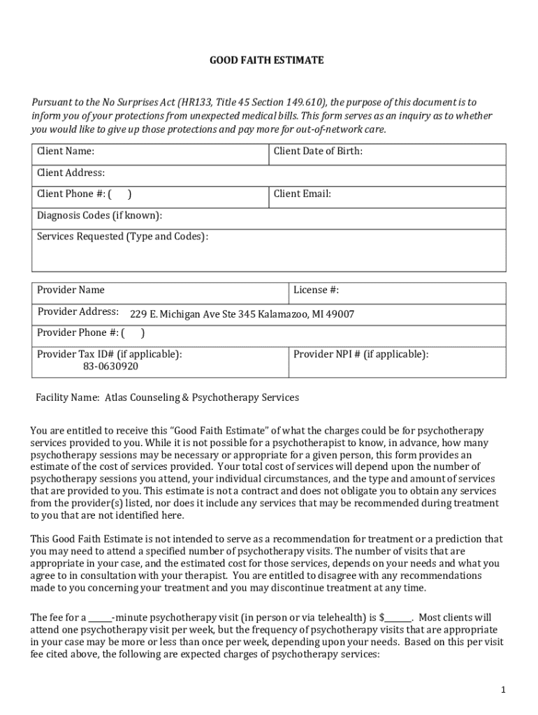 Fillable Online Good Faith Estimate for Psychotherapy Services Fax ...