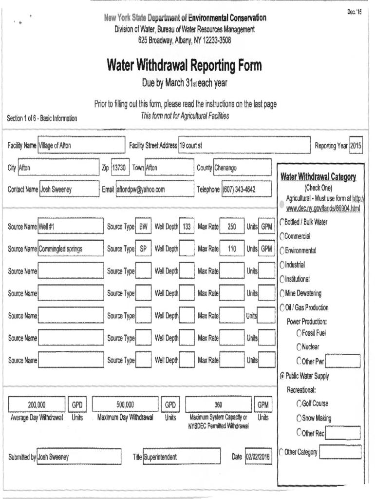 Fillable Online Annual Water Withdrawal Reporting (Non-Agricultural ...